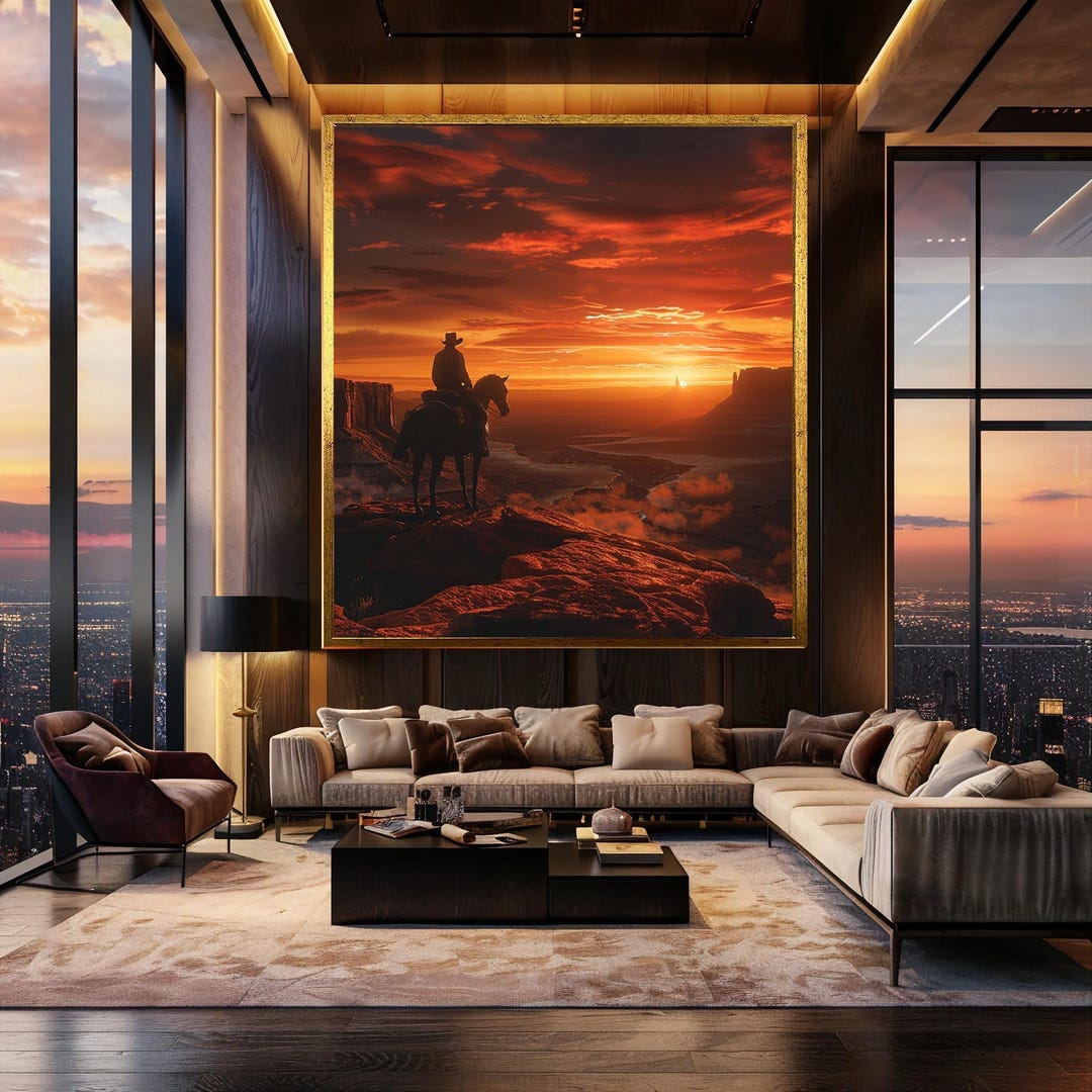 Western Cowboy Sunset Wall Art Print, Horse Rider Landscape Photography ...