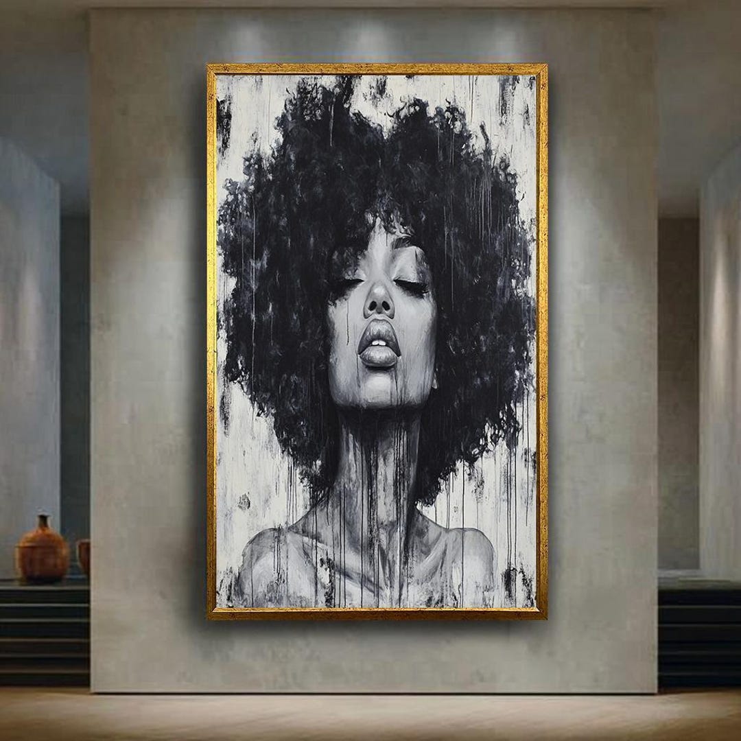 Black and White Woman Portrait Canvas Wall Art, Modern Abstract Drip ...