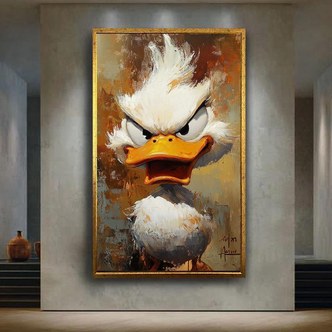 Angry Duck Cartoon Art Print, Funny Animal Character Painting Poster ...