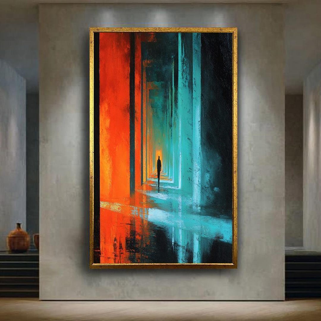 Silhouette Figure Corridor Abstract Print Fiery Orange and Cool ...