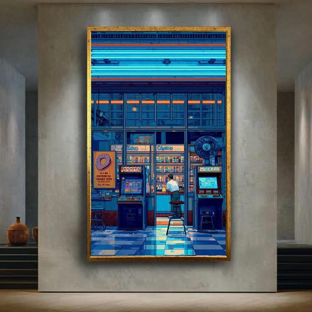 Neon Arcade Street Canvas Wall Art – Retro Futuristic Vending Scene ...
