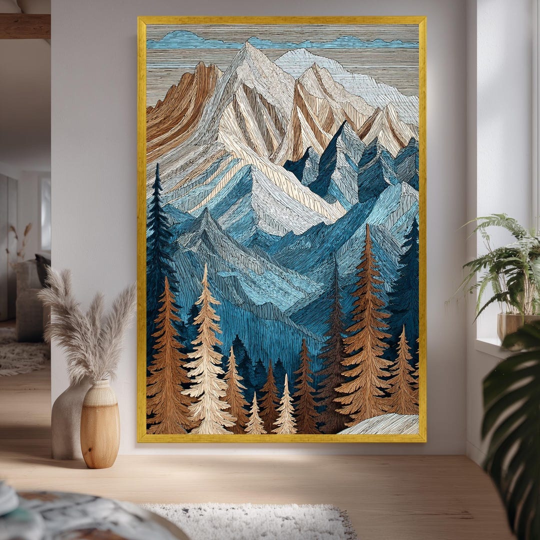Hand Drawn Mountain Landscape Wall Art With Forest Trees and Lines ...