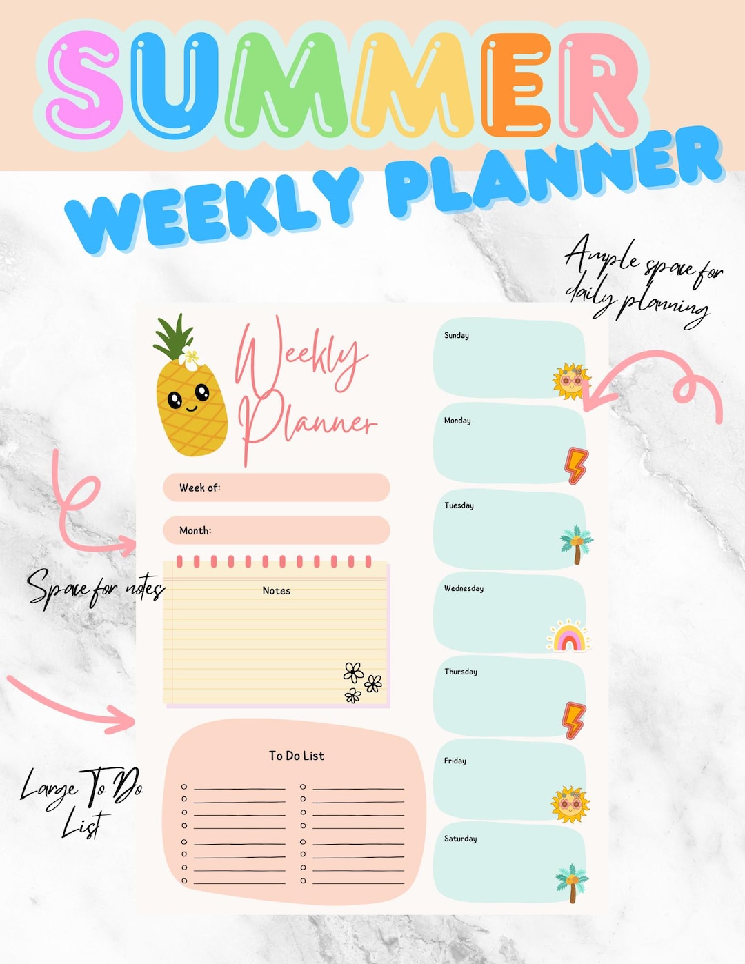 Summer Themed Weekly Planner, EDITABLE, Printable PDF, Summer Planning ...