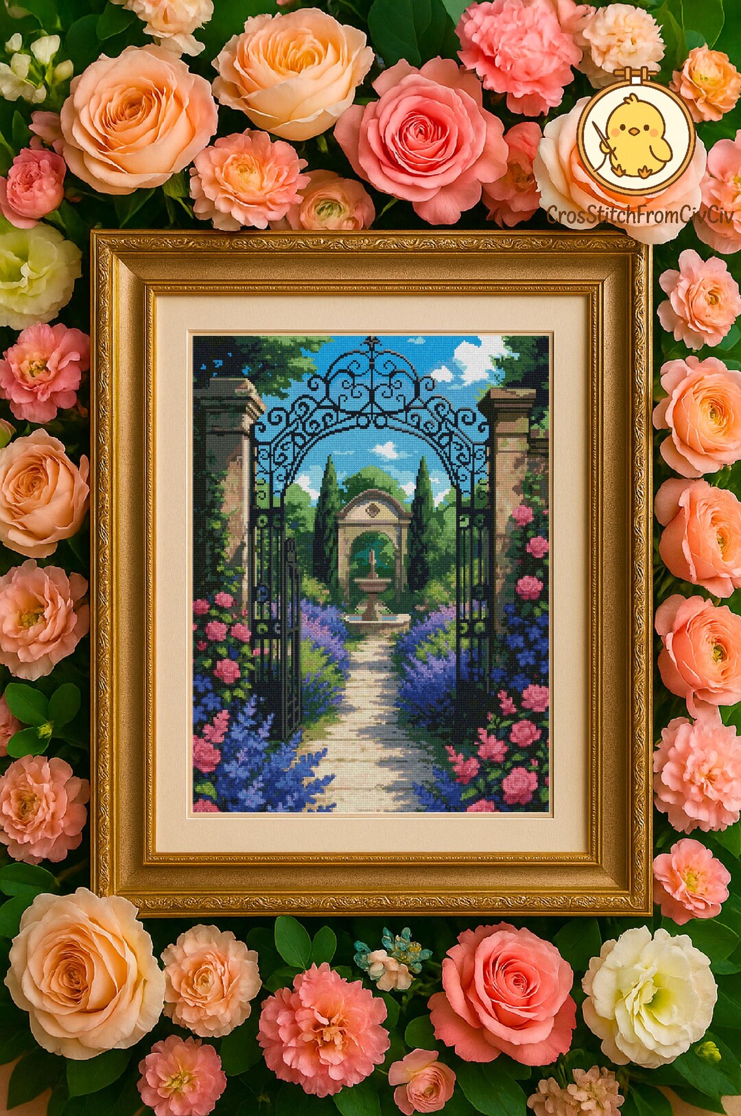 Secret Garden Cross Stitch Pattern | Floral Gate, Fountain | Floral ...