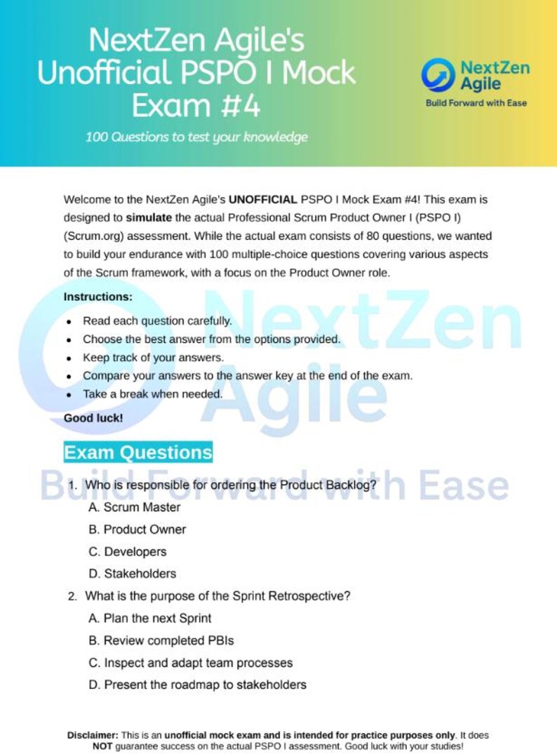Nextzen Agile's PSPO I Mock Exam BUNDLE, 500 Practice Questions W/ Answers/explanations, Scrum ...