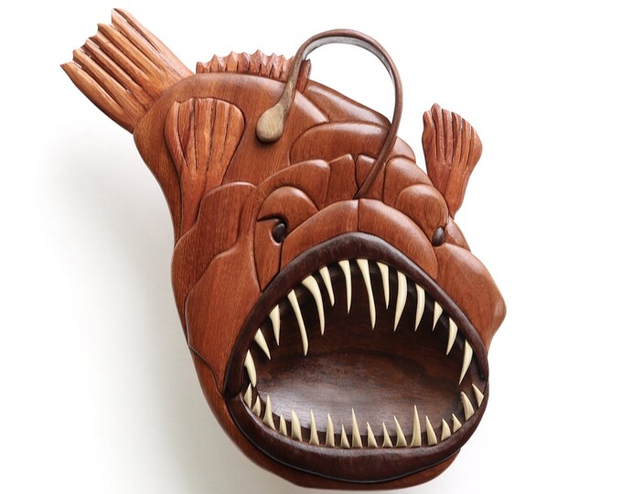 Deep Sea Angler Fish Intarsia Wall Hanging Wooden Fish Carving Wood ...