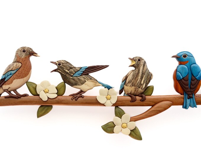 Bluebird Family Intarsia Wall Hanging, Songbird Wood Carving, Wood ...