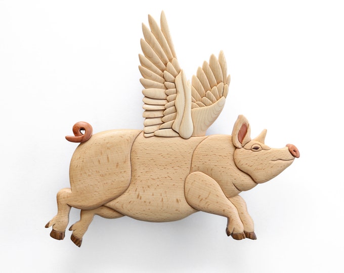 Flying Pig Intarsia Wall Hanging, Wooden Wall Decor, Scroll Saw Art ...