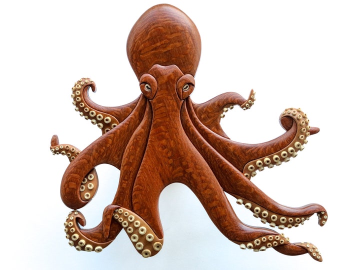 Octopus Intarsia Wall Hanging, Deep Sea Wildlife Decor, Intarsia Wood ...