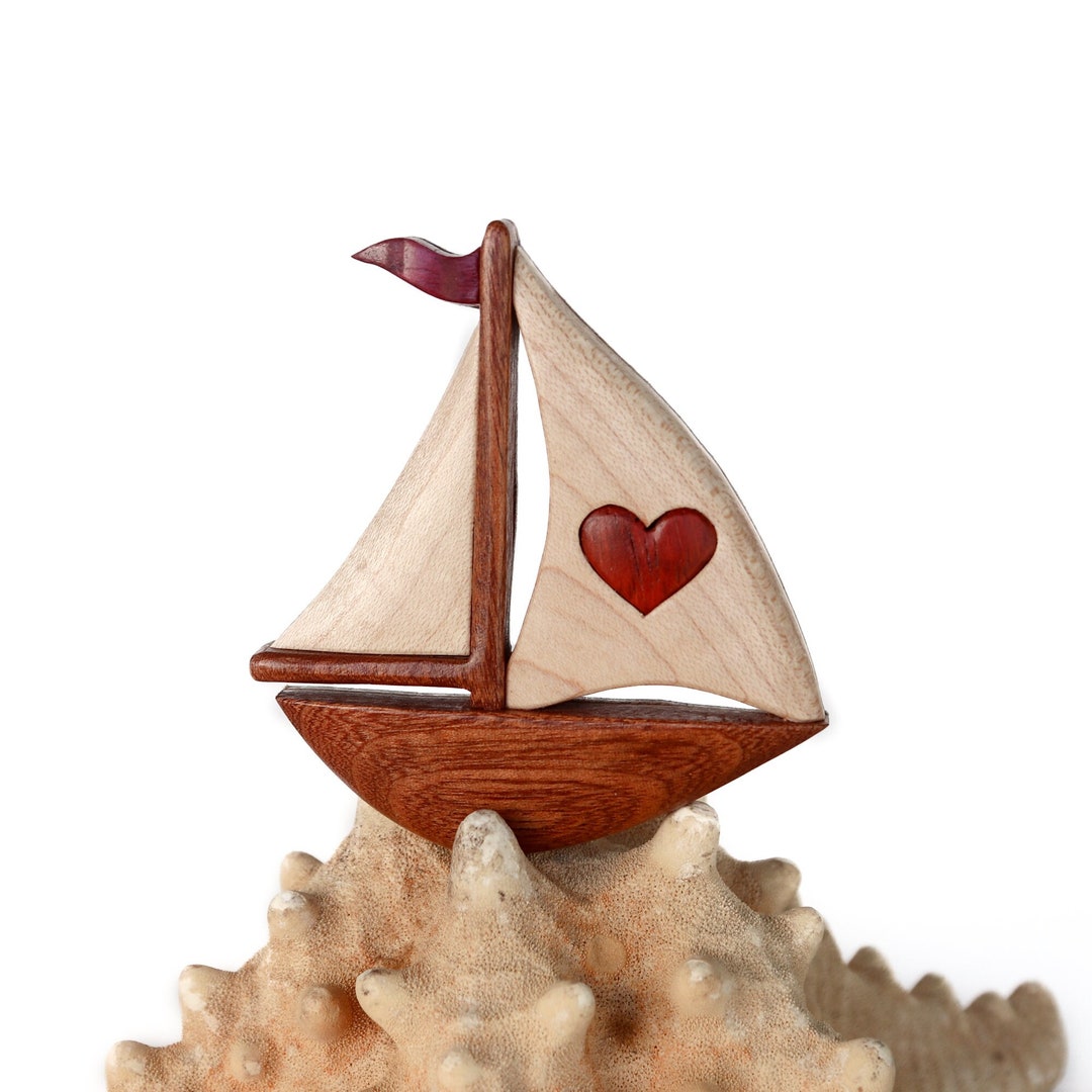 Sailboat With Heart Wooden Magnet or Ornament, Intarsia Wood Art, Wood ...