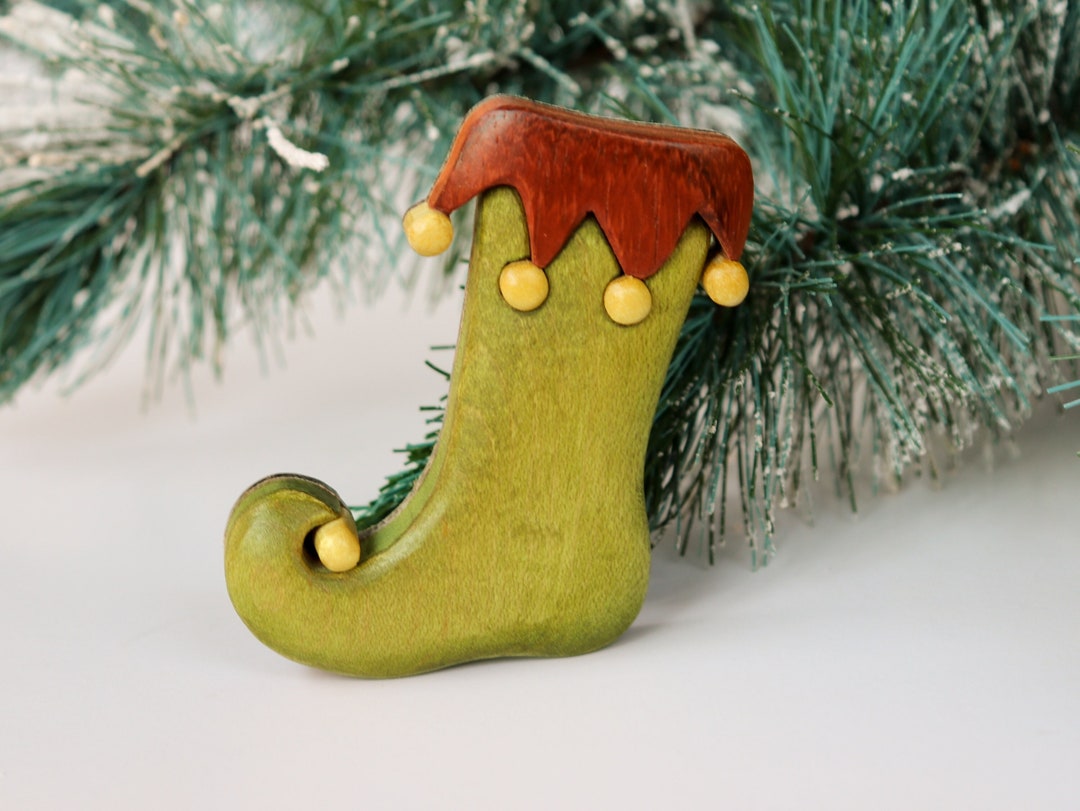 Green Elf Stocking Christmas Ornament or Magnet, Handmade Intarsia Wood ...
