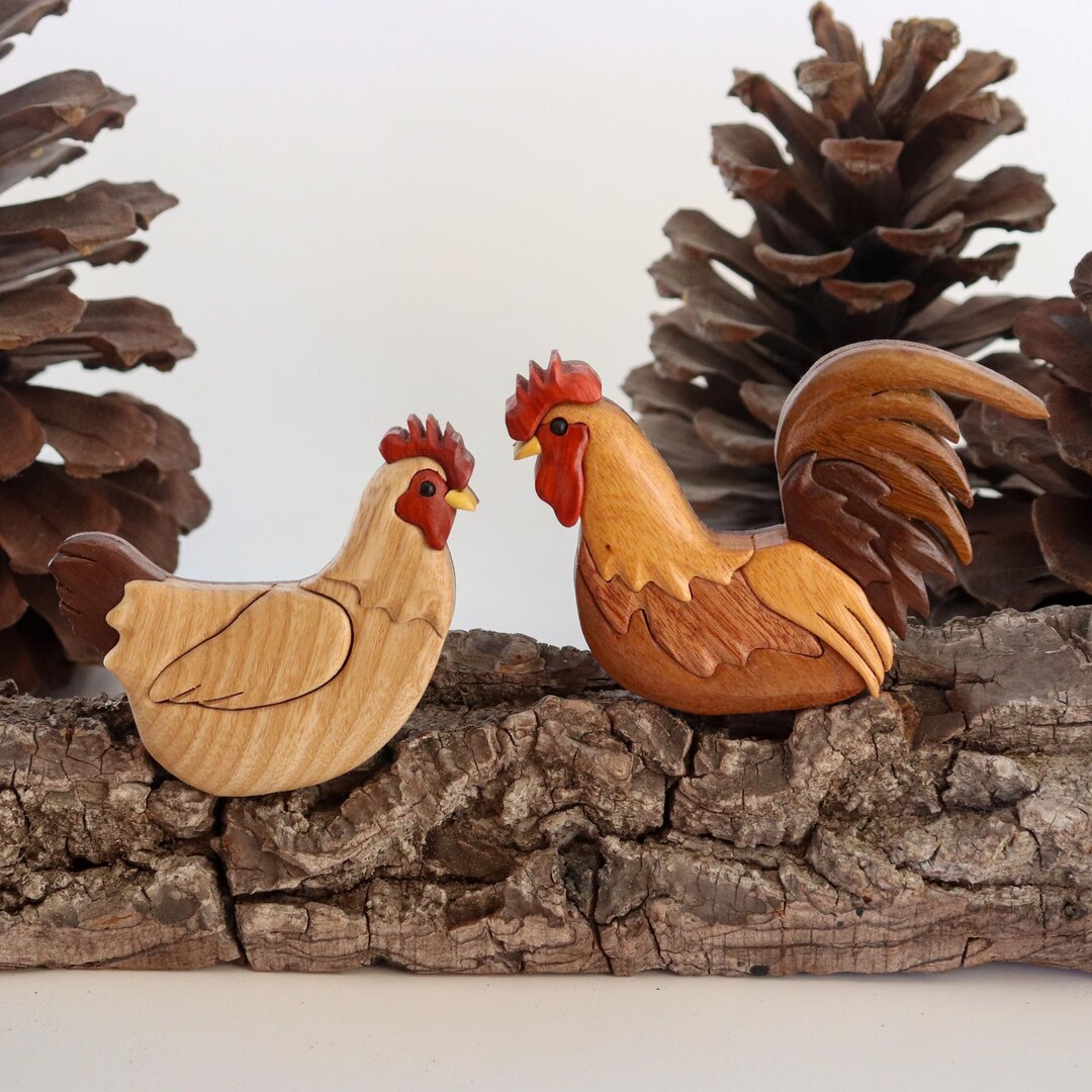 Chicken and Rooster Ornament / Magnet, Intarsia Wood Carving, Barnyard ...
