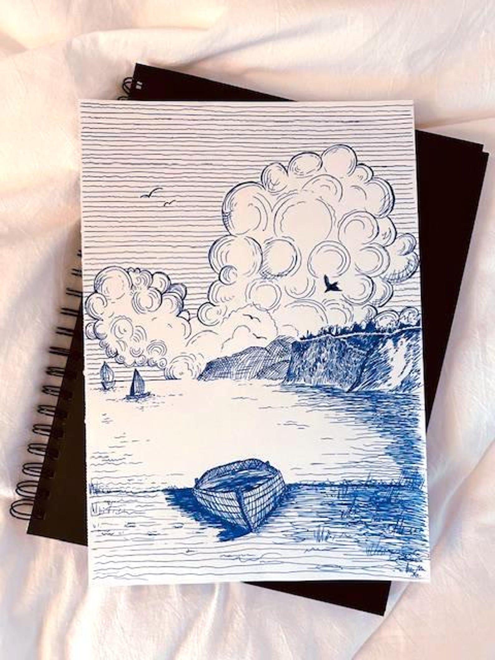 Cliffs & Clouds: Hand-drawn Seaside Ink Landscape – Printable Art ...