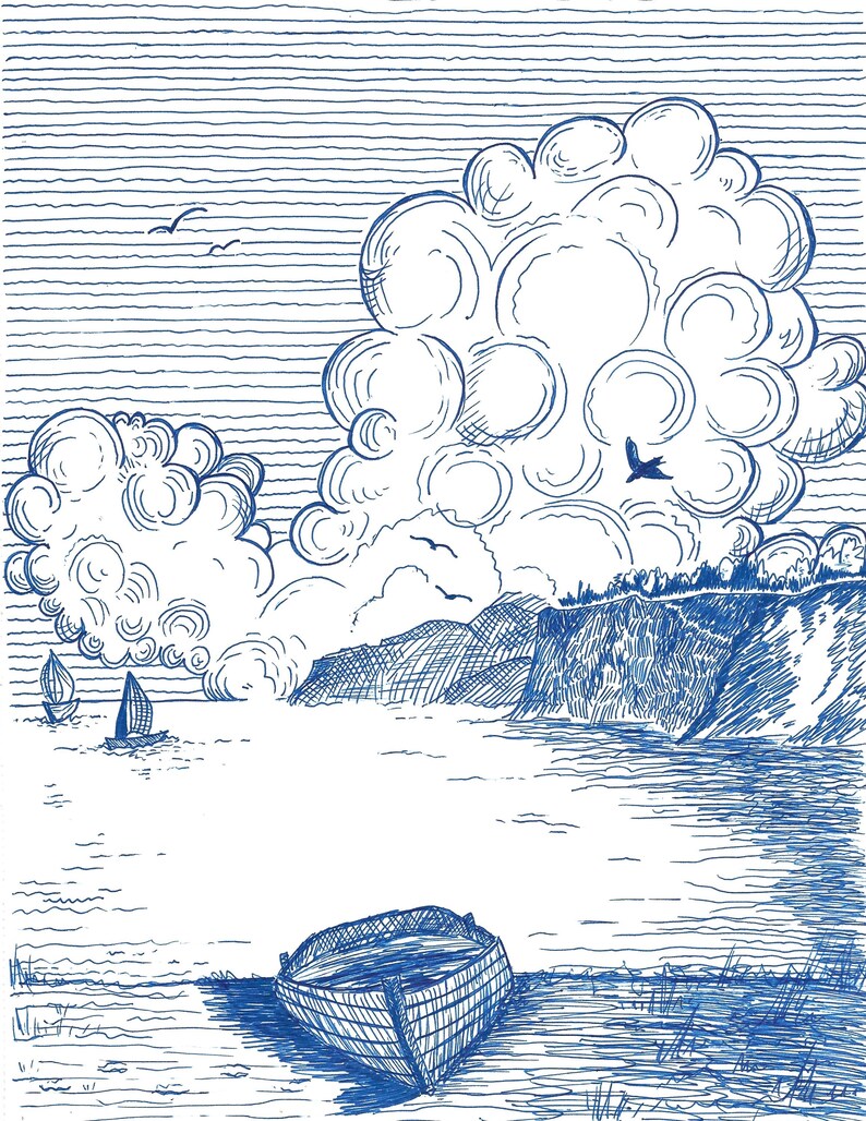 Cliffs & Clouds: Hand-drawn Seaside Ink Landscape – Printable Art ...
