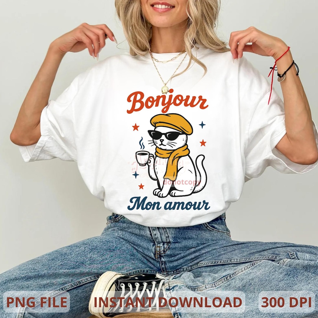 Bonjour Cat Coffe French Aesthetic Png, Instant Digital Download ...