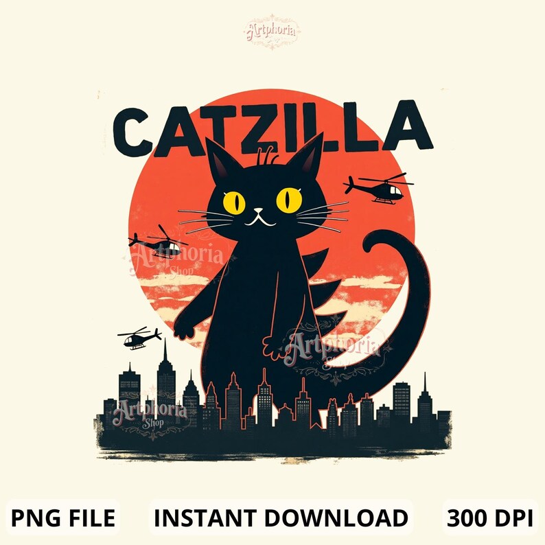 Catzilla Png, Digital Download, Subliminal Design, Funny Cats Movie Png ...