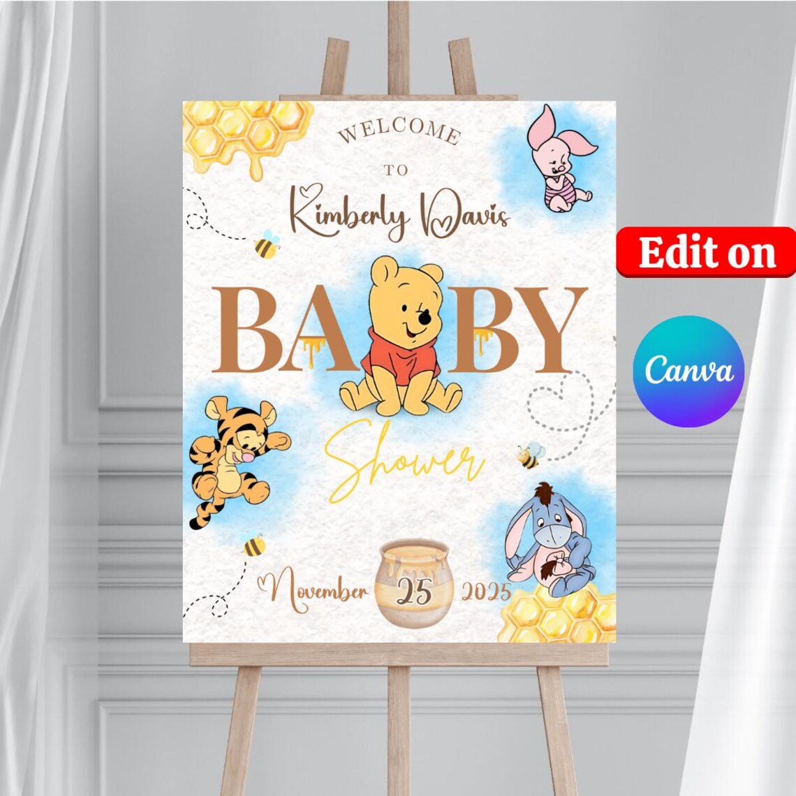 Winnie the Pooh Baby Shower Welcome Sign Digital Welcome Sign Blue ...