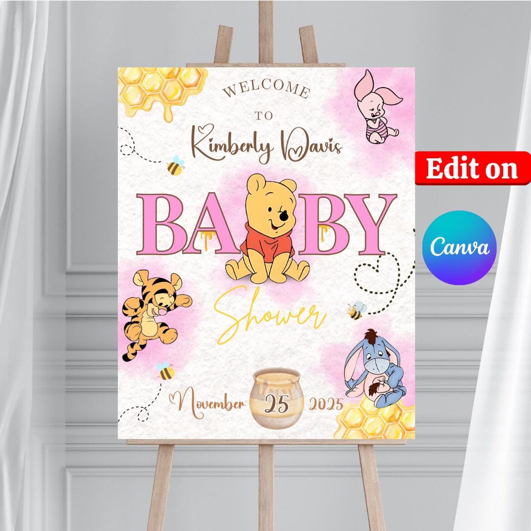 Winnie the Pooh Baby Shower Welcome Sign Digital Welcome Sign Pink ...