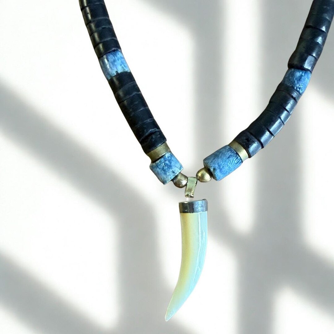 90s Tribal Necklace With Bone Tusk Pendant • Heishi Beads • Brass ...