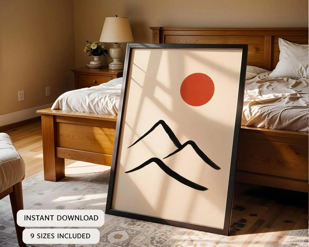 Japanese Sumi-e Mountain & Sun Print: Minimalist Zen Art (digital ...