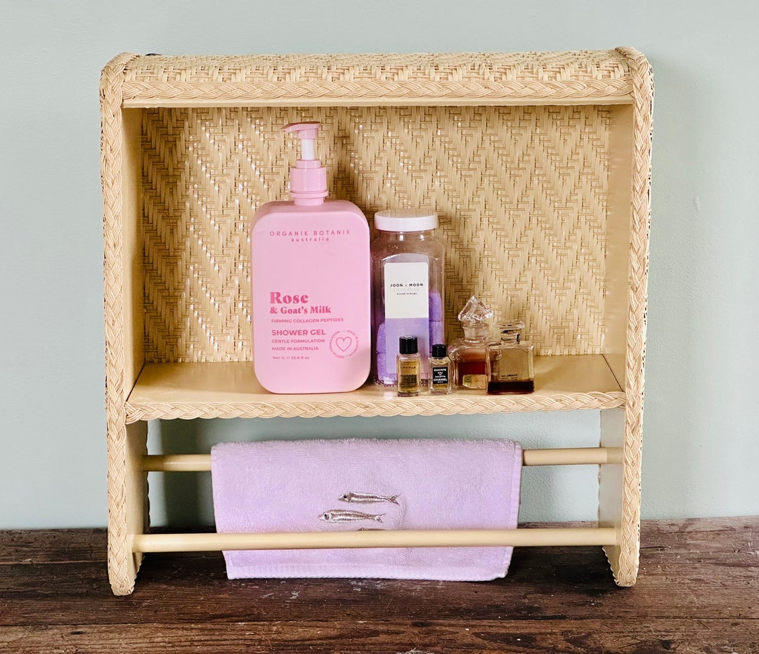 Vintage Redmon Wicker Shelf and Towel Rack / Hanging Wicker Bathroom ...