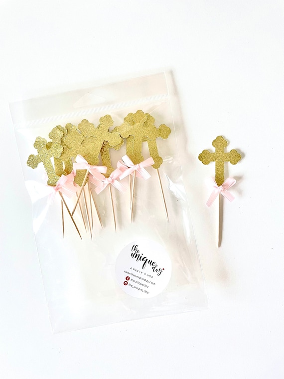 12 CT Gold Glitter Cross Cupcake Toppers, first comunion, baptism ...