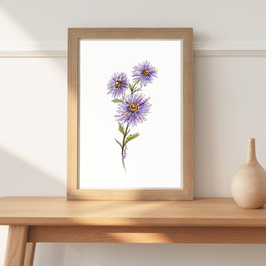 Aster Watercolor Illustration Flower Print Floral Wall Art Hamptons ...