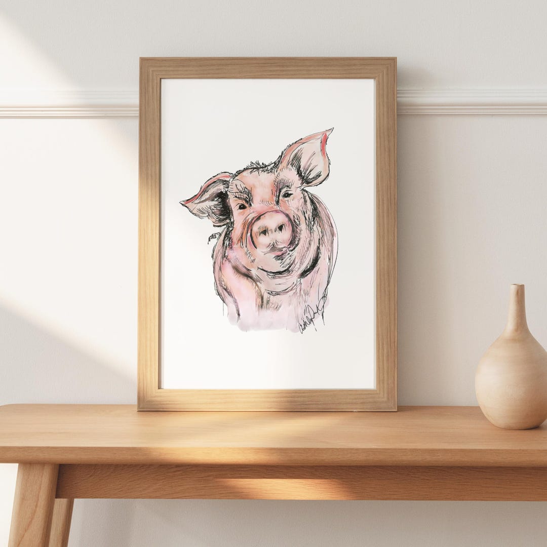 Pig Illustration, Original Sketch Drawing, Pig Artwork Farm Decor Cute ...