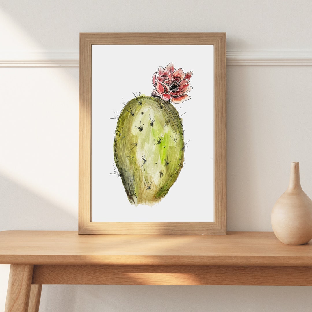 Prickly Pear Cactus Watercolor Illustration, Desert Wall Print, Minimal ...