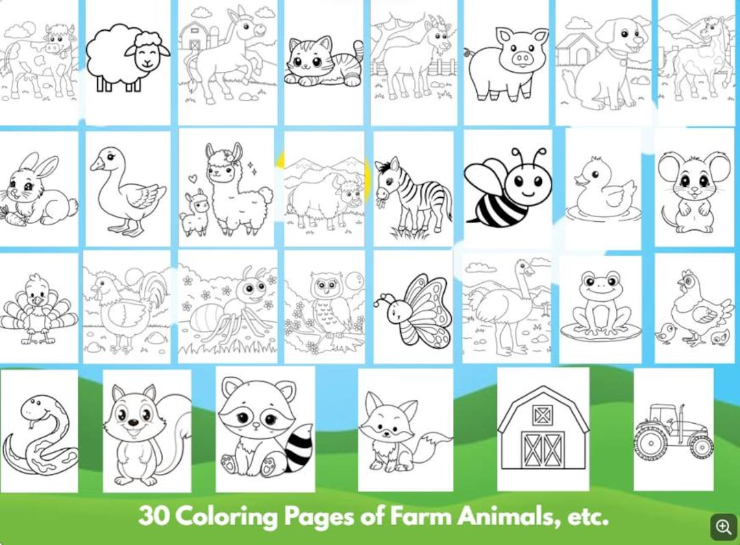 Cute Farm Animals Coloring Pages-toddler Activity, Kids Party Activity ...