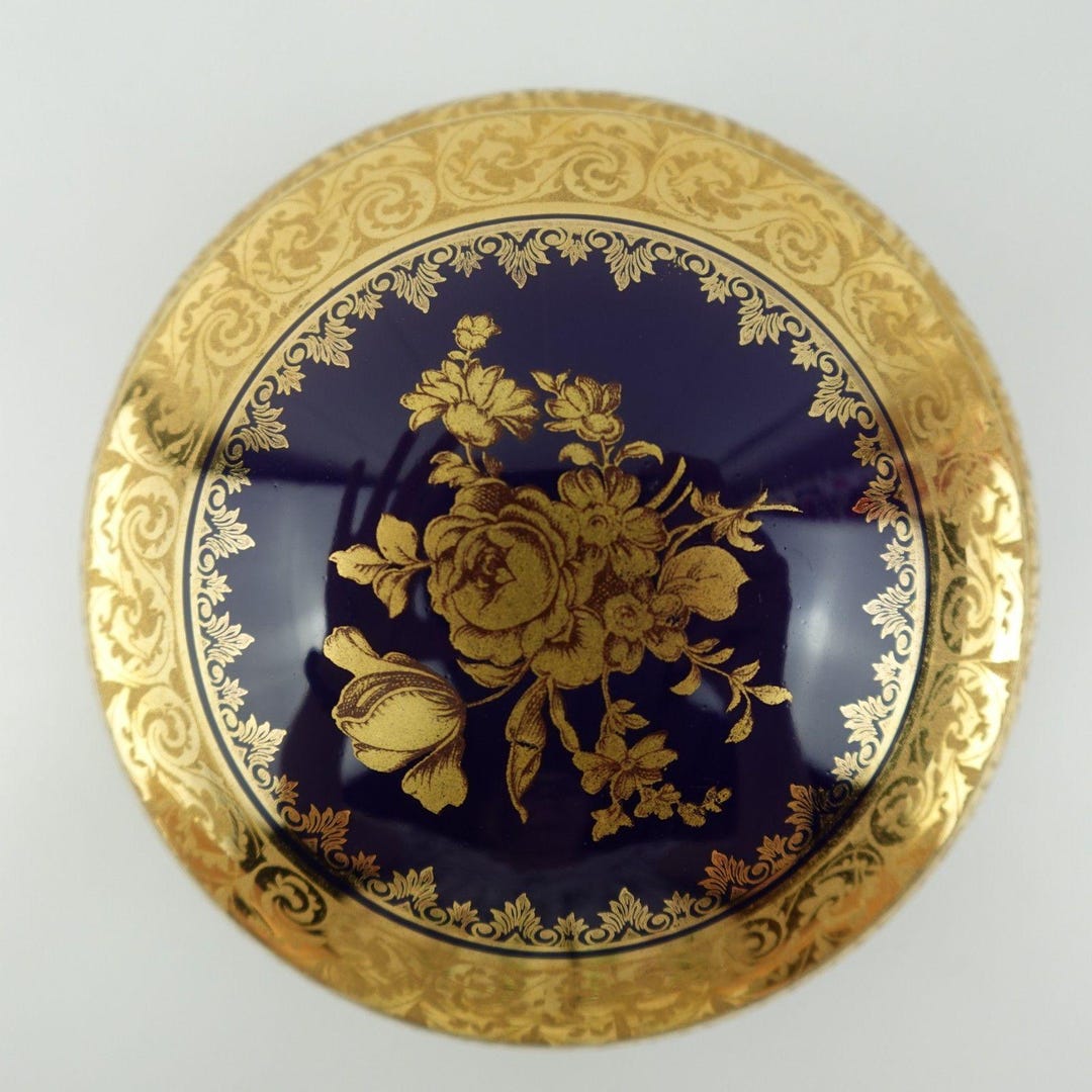 Limoges France JS Porcelain Powder Box Trinket Box Cobalt Blue & Gold ...