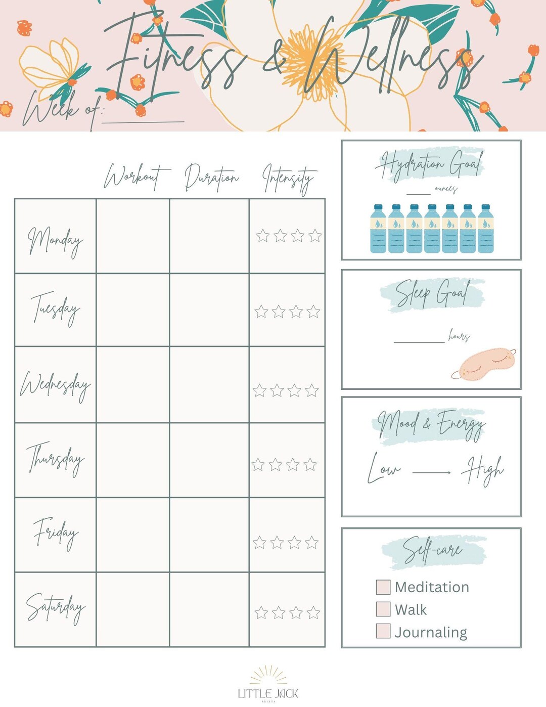 Fitness & Wellness Tracker Printable | Weekly Self-care Planner ...