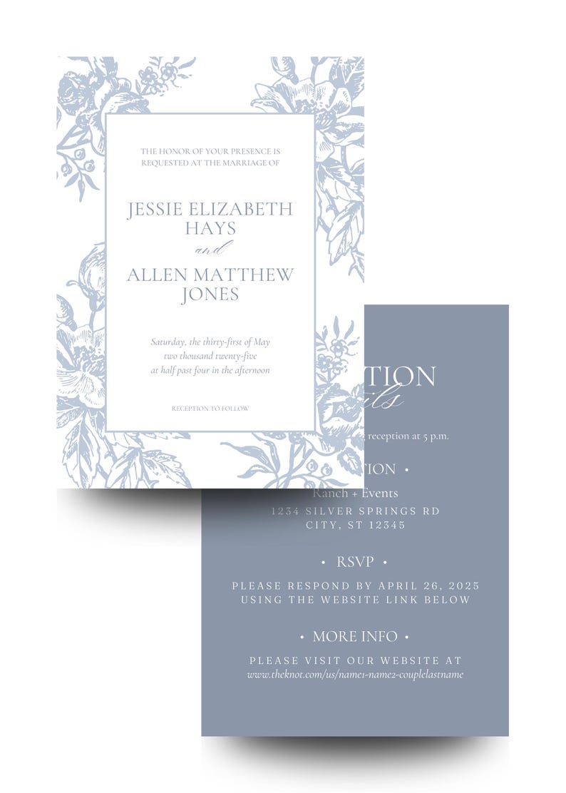Blue Floral Cottagecore Wedding Invitation | Editable Canva Template ...