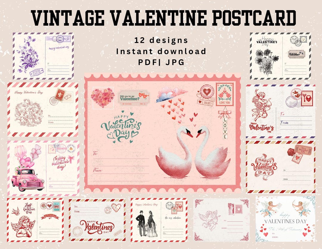 Vintage Valentine Postcards Printable Bundle | Romantic Retro Valentine ...