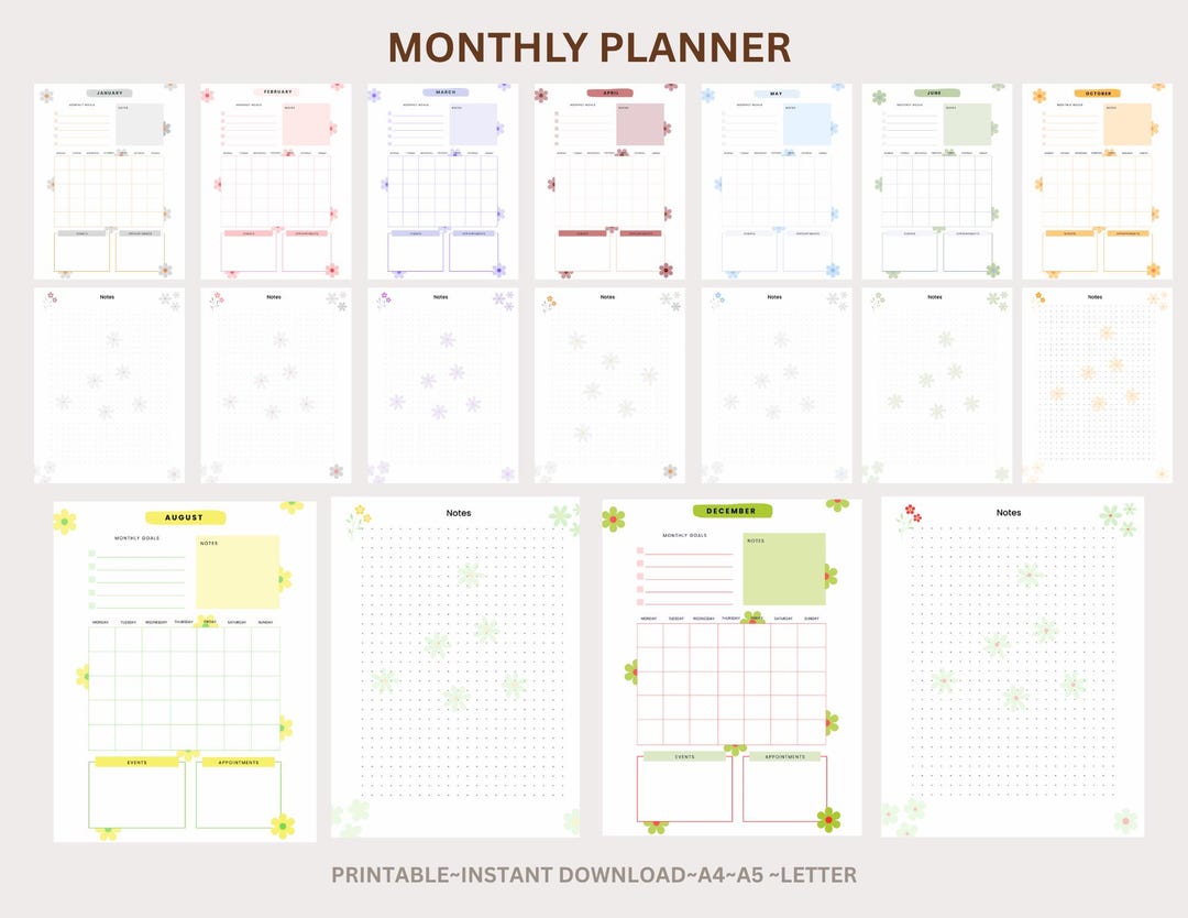 Printable Monthly Planner With Notes (digital Download) - Etsy