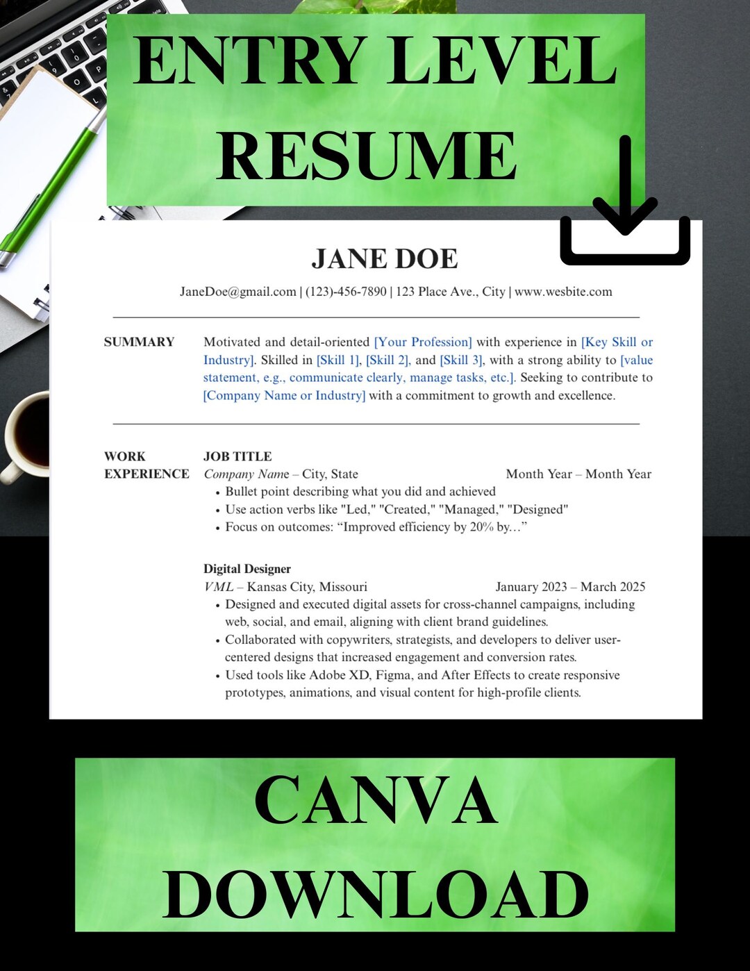 Resume Template - Entry Level - Canva Download - Etsy