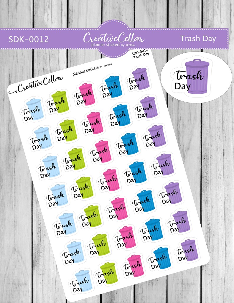 SDK-0012 Planner Stickers Functional 35 Trash Day Trash Cans - Etsy