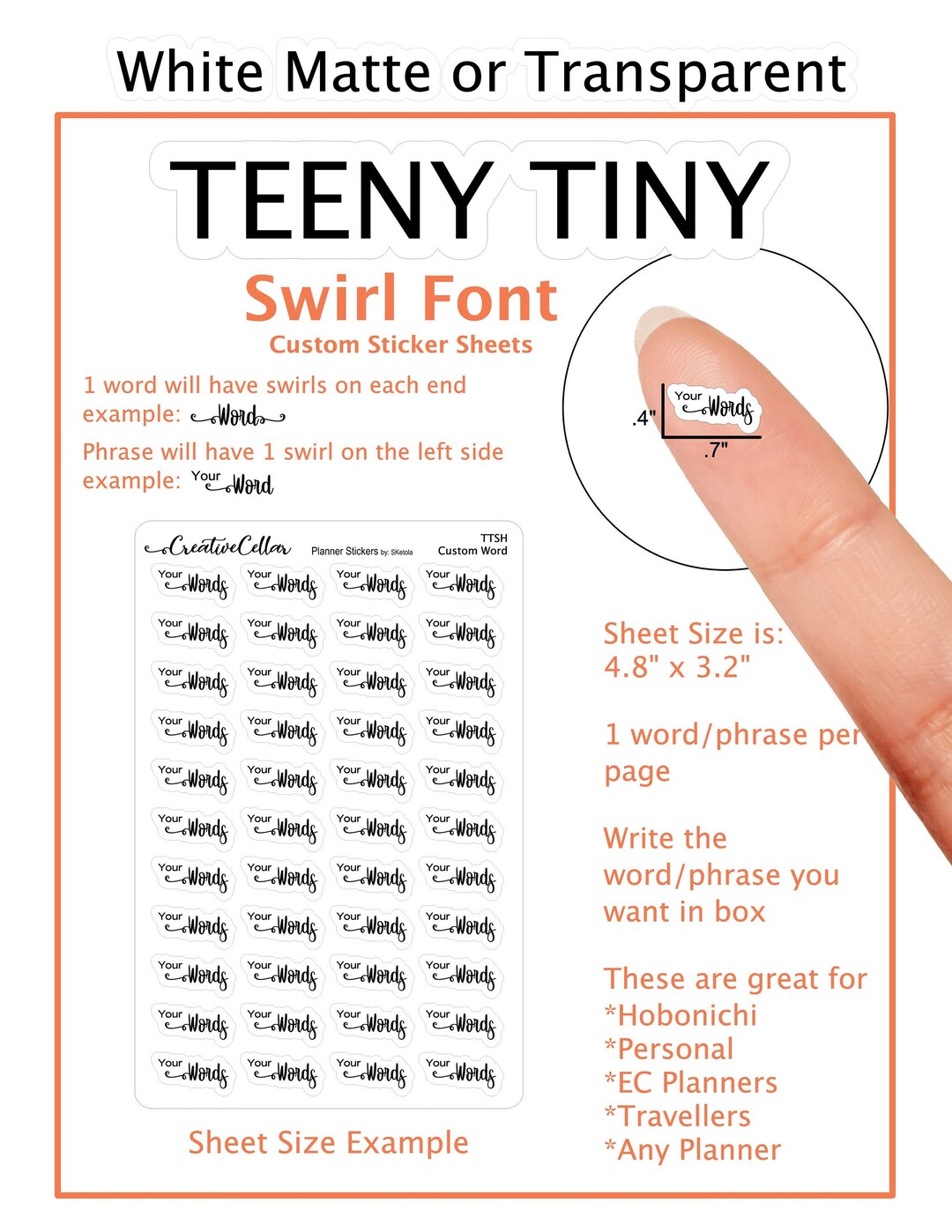 TTSH-0000 // Teeny Tiny Swirl Font CUSTOM Planner Stickers White Matte or Transparent Script ...
