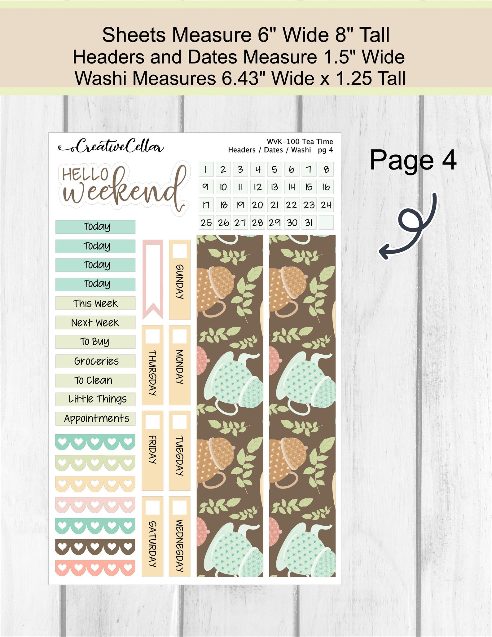 WVK-100 // Tea Time Weekly Kit Planner Stickers / a La Carte / Vertical ...
