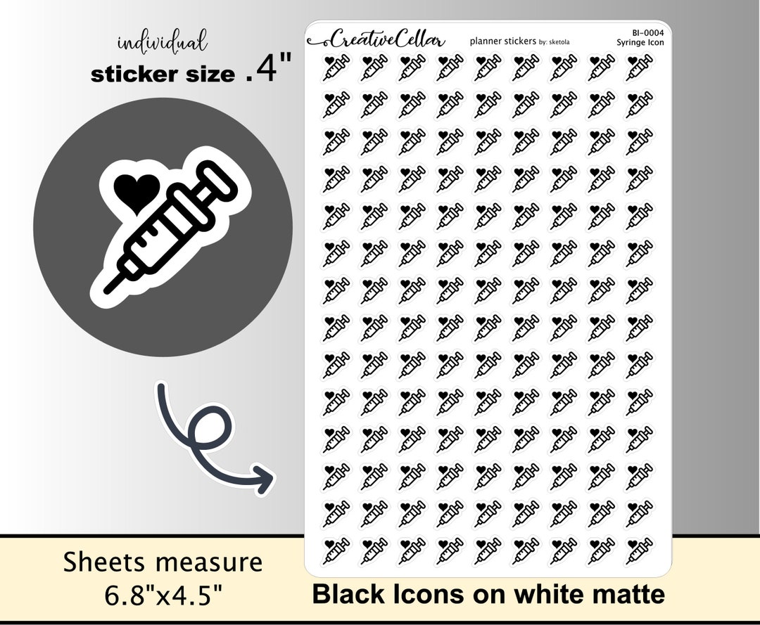 BI-0004 Syringe Icon Planner Stickers, 126 Diabetic, Injection, Needle ...
