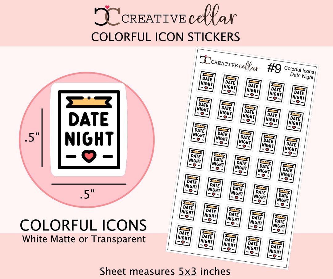 CI#9 // Date Night Colorful Icon Planner Stickers, Dates, Dinner, Get ...