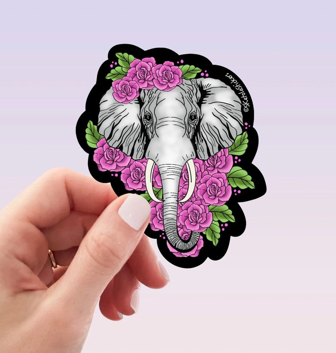 Vinyl Sticker || Elephant With Roses Waterproof Glossy Die Cut Sticker ...