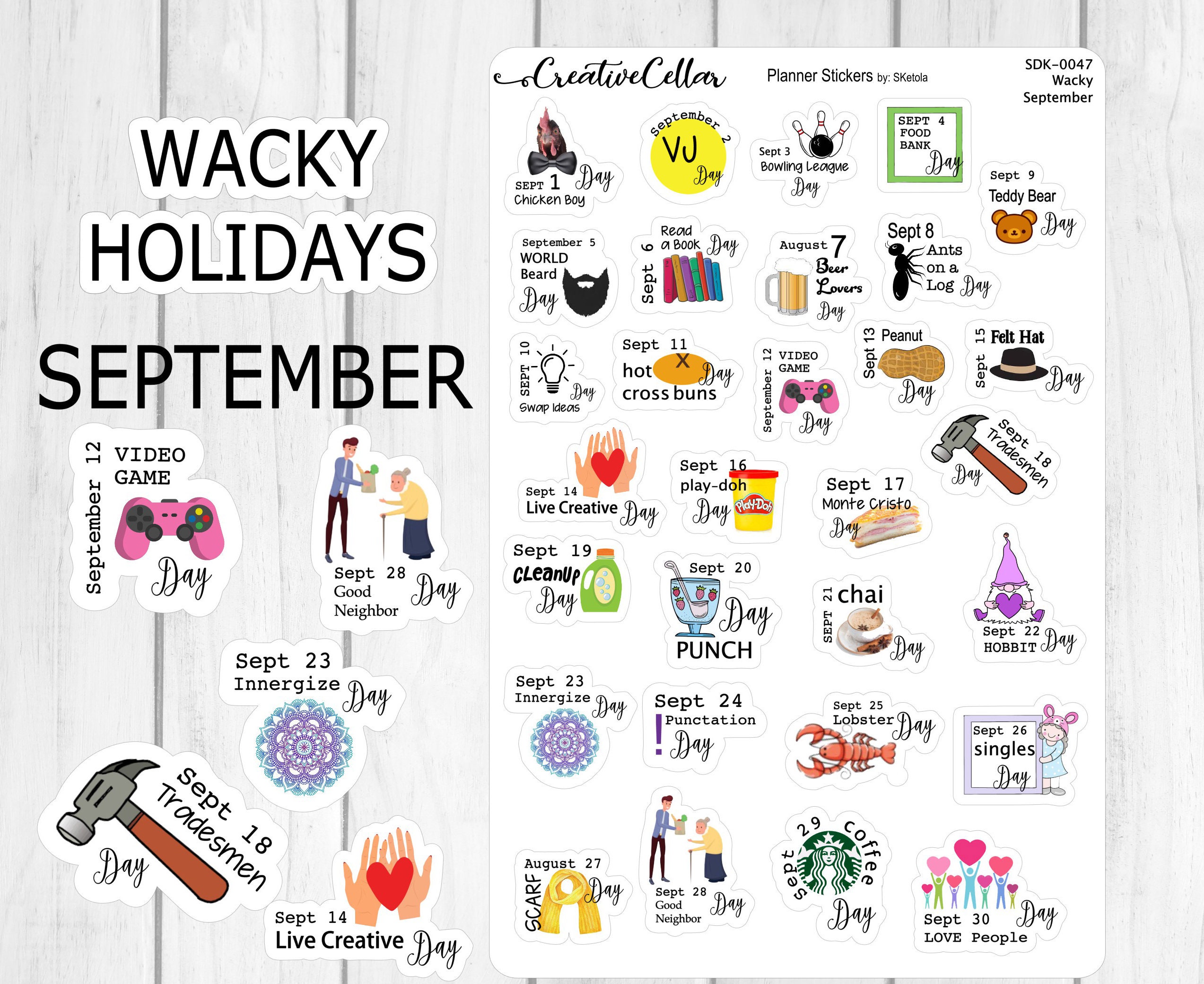 SDK-0047 // September Wacky Planner Stickers Funny Holidays - Etsy
