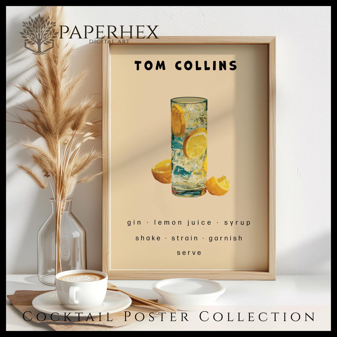 Tom Collins Cocktail Poster – Retro Printable Wall Art for Home Bar ...