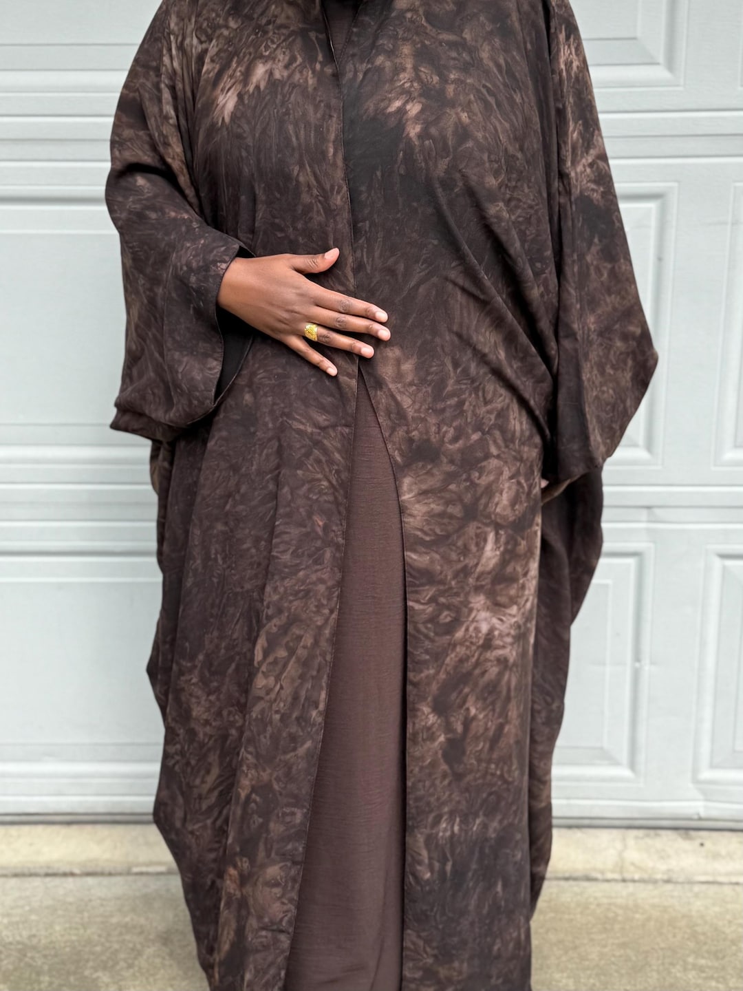 3-piece Mocha Marbled Abaya Set – Open Butterfly Abaya With Dark Brown ...
