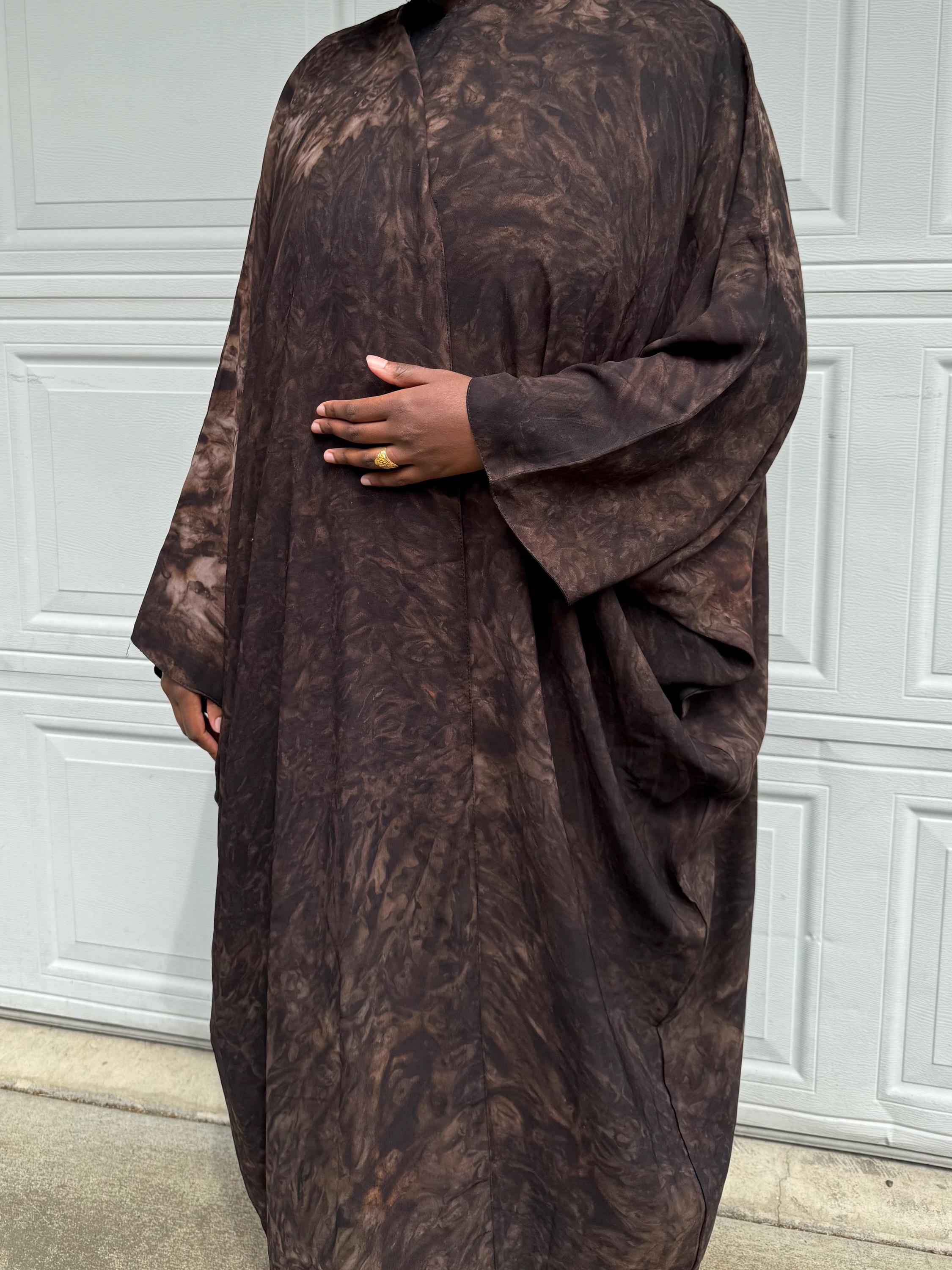3-piece Mocha Marbled Abaya Set – Open Butterfly Abaya With Black ...