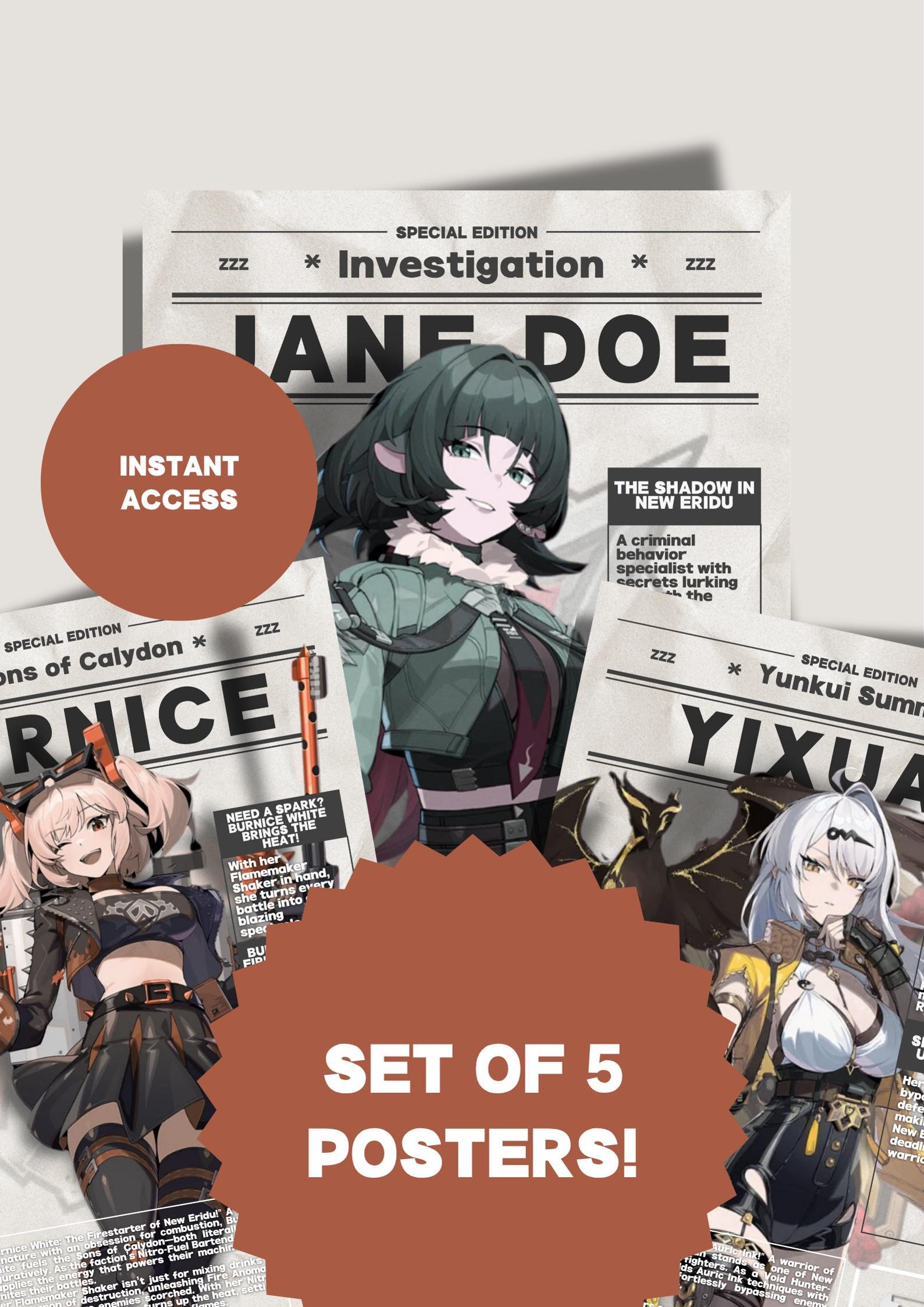 Zenless Zone Zero News Style Poster Set – Burnice, Jane Doe, Yixuan ...