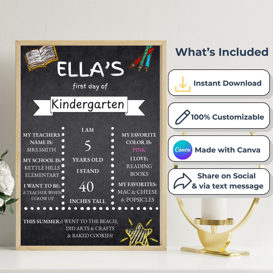 Editable First Day of Kindergarten Sign – Chalkboard Photo Prop ...