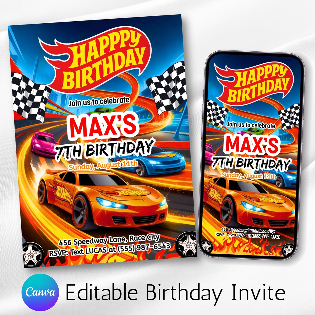 Editable Hot Cars Birthday Invitation, Race Car Party Invite for Boys ...