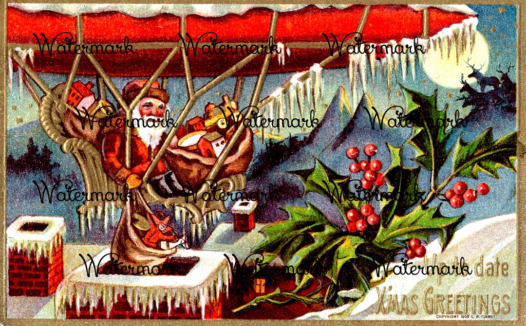 Vintage Old World Santa Claus in a Christmas Blimp, Instant Digital ...
